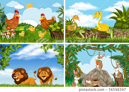 Set of various animals in nature scenes - Stock Illustration [56598397 ...