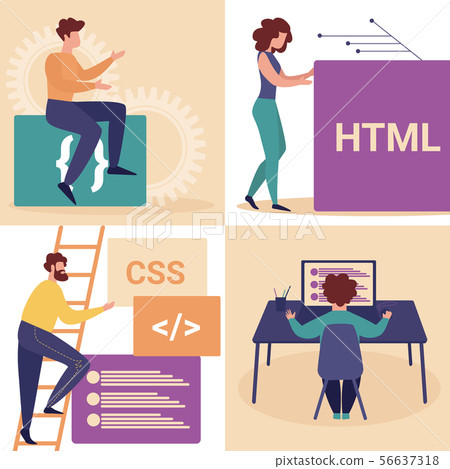 Young Man and Woman Programmers Make Web Site - Stock Illustration ...
