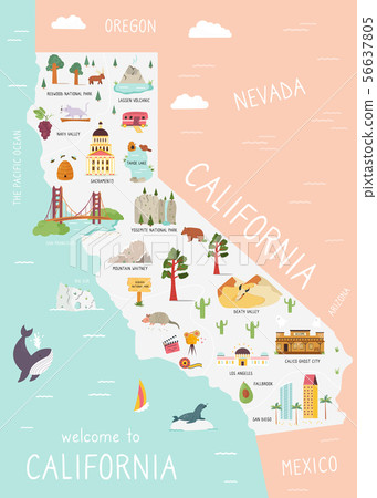 An Illustrated map of California with destinations - Stock Illustration ...
