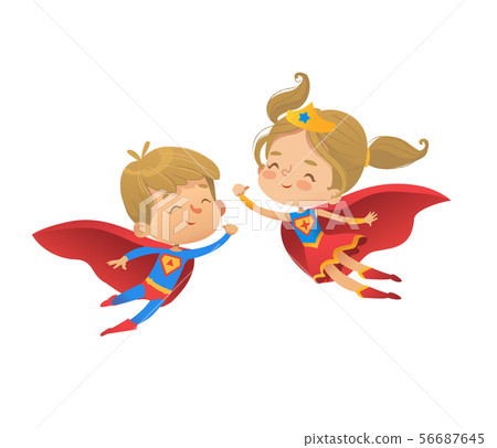 Flying and laughing Superhero boy and girl.... - Stock Illustration ...