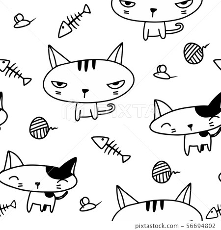 Cute cat kitten cartoon doodle seamless pattern - Stock Illustration ...