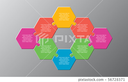 Eight pieces puzzle jigsaw hexagonal info graphic - Stock Illustration ...