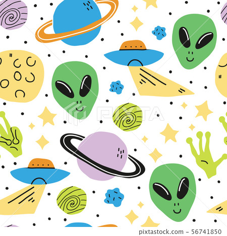 Childish seamless pattern with hand drawn space - Stock Illustration ...
