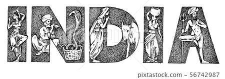 Lettering India. Decorative letters in vintage... - Stock Illustration ...