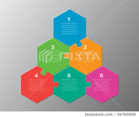 Six piece puzzle jigsaw hexagonal info graphic - Stock Image - Everypixel