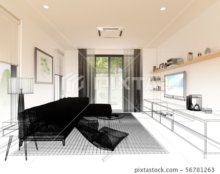 sketch design of living ,3d rendering - Stock Illustration [56781263 ...