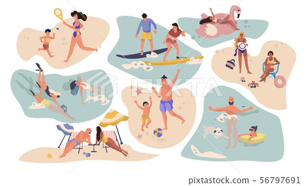 People beach activities. Cartoon characters on... - Stock Illustration ...