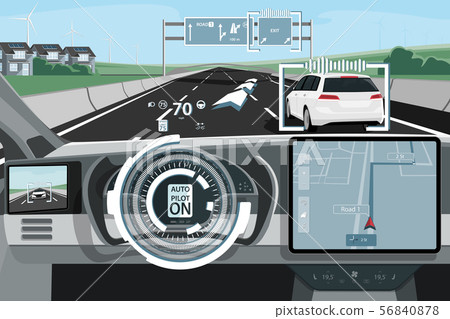 Self driving car with head up display on a road - Stock Illustration ...