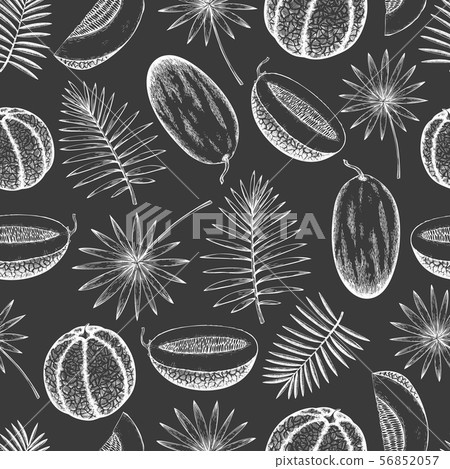 Melon and tropical leaves seamless pattern. Hand - Stock Illustration ...