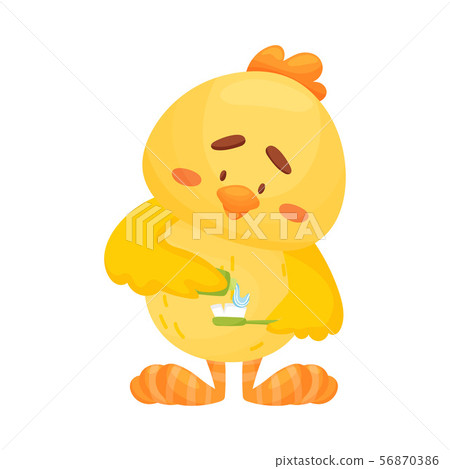 Cartoon chicken holds toothpaste and brush.... - Stock Illustration ...