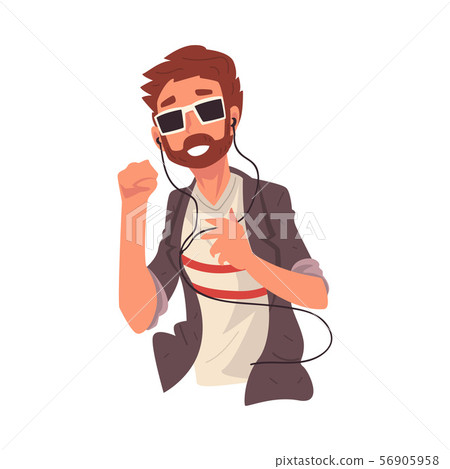 Young Man Wearing Earphones Listening to Music,... - Stock Illustration ...