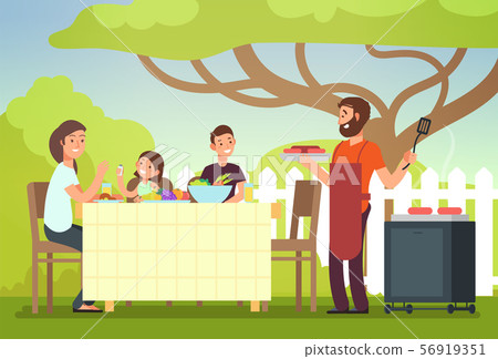 Happy family eating barbecue outdoor. Man,... - Stock Illustration ...