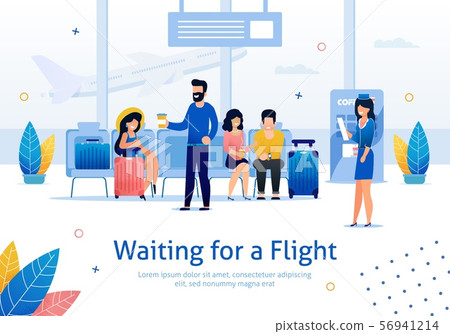 Waiting for Flight in Airport Flat Vector Banner - Stock Illustration ...