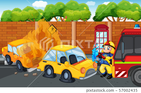 Accident scene with cars on fire on the road - Stock Illustration ...