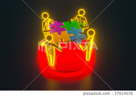 Four human 3d figures are holding pieces of a... - Stock Illustration ...