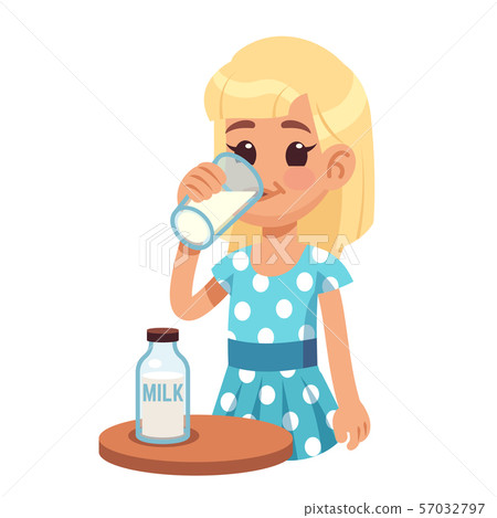 Girl drinks milk. Cartoon happy kid drinking... - Stock Illustration ...