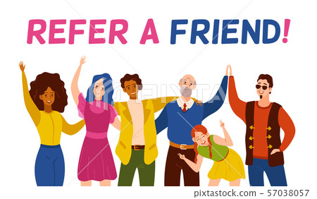 Refer a friend. Friendly smiling people group... - Stock Illustration ...