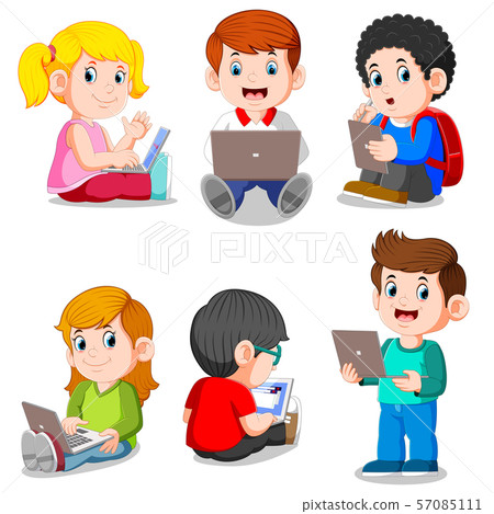 Collection of boy and girl studying with laptop... - Stock Illustration ...