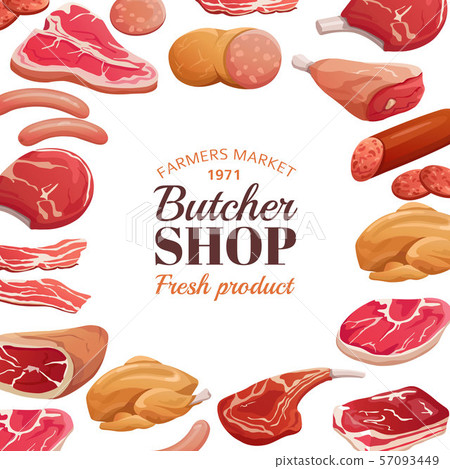 Butchery poster. Fresh meat raw, beef steak and... - Stock Illustration ...