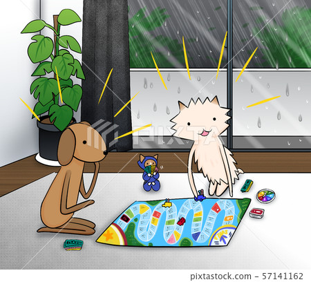 Home party on a rainy day (Board game together) - Stock Illustration ...