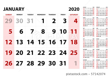 red Calendar 2020 vector basic grid. Simple design - Stock Illustration ...