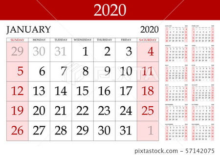 red Calendar 2020 vector basic grid. Simple design - Stock Illustration ...