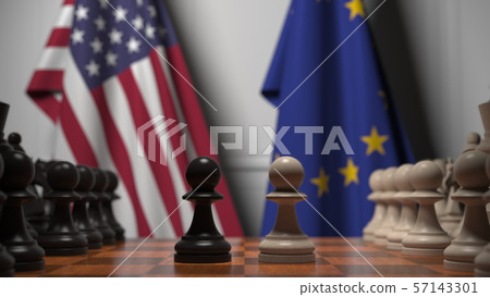 Flags of United States and EU behind chess... - Stock Illustration ...