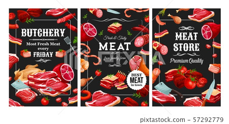 Butchery food, sausages and meat frame - Stock Illustration [57292779 ...