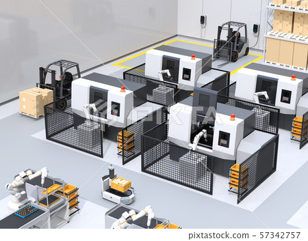Smart factory with collaborative dual-arm... - Stock Illustration ...