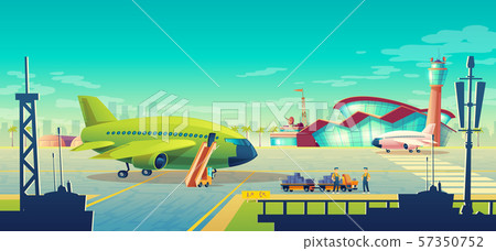 cartoon airport landscape, airliner on runway - Stock Illustration ...