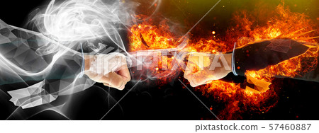 A fist wrapped in smoke collides with a fist... - Stock Illustration ...
