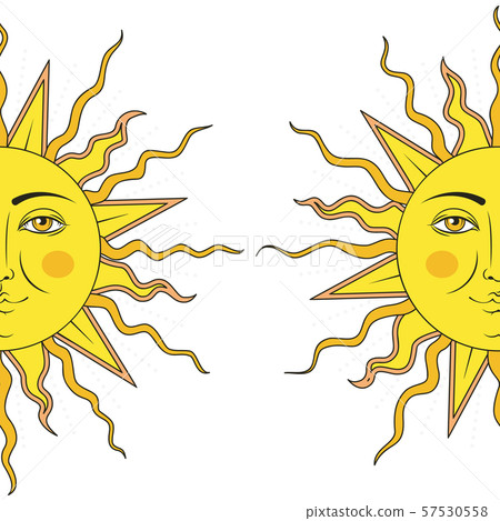Colored in yellow half sun with human face... - Stock Illustration ...