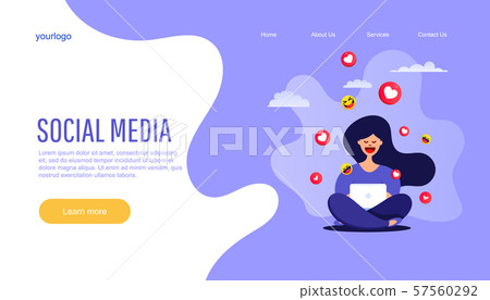 Social networks. Young happy woman standing with a - Stock Illustration ...