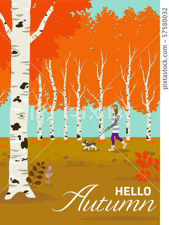 Autumn nature dog walk-with text Hello Autumn - Stock Illustration ...