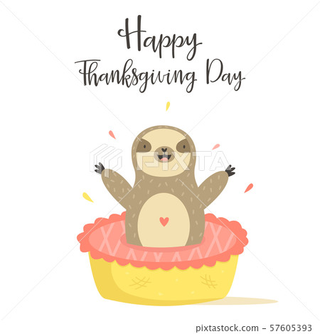 Happy Thanksgiving day card with cute sloth - Stock Illustration ...