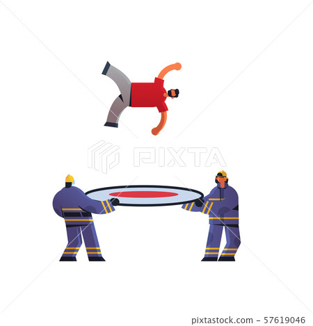 brave firemen holding trampoline life safe net... - Stock Illustration ...