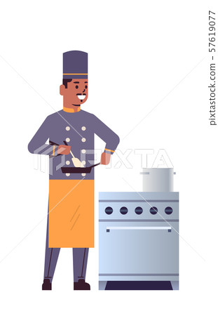male professional chef using frying pan... - Stock Illustration ...