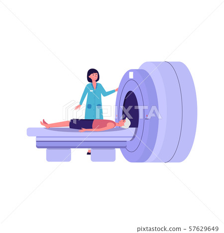 Cartoon doctor putting patient in MRI machine -... - Stock Illustration ...