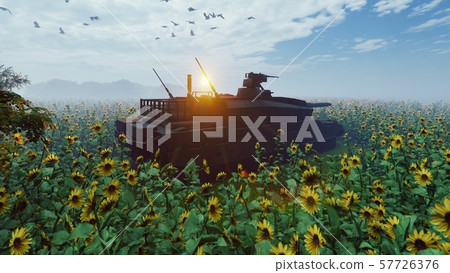 Military tank at sunset on a field in the... - Stock Illustration ...