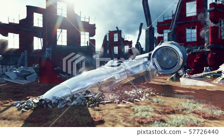 A crashed spaceship in a post-apocalyptic... - Stock Illustration ...