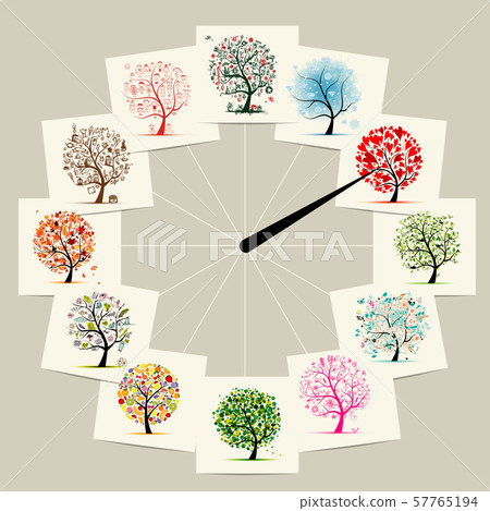 12 months with art trees, watches concept design - Stock Illustration ...