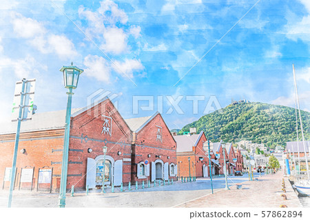 Hokkaido summer Hakodate Kanemori red brick... - Stock Illustration ...