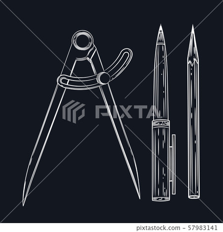 Vector image of a compass, pen and pencil. A... - Stock Illustration ...