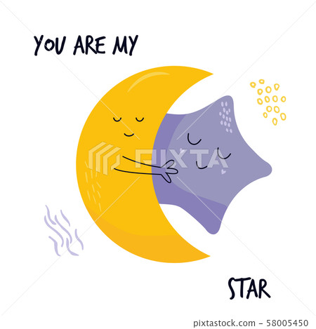 Hugging cute moon and star characters. Sweet image - Stock Illustration ...