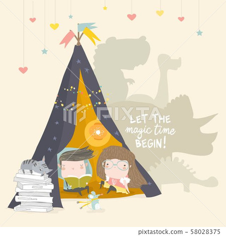 Kids reading book in a teepee tent - Stock Illustration [58028375] - PIXTA