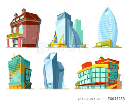 Set of different modern buildings in cartoon style - Stock Illustration ...