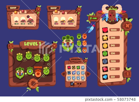 Cartoon game ui. Wooden elements and popup... - Stock Illustration ...