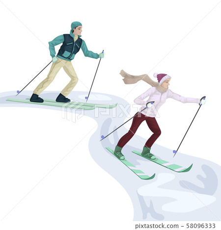 Couple skiers skiing in the snow. Vector... - Stock Illustration ...