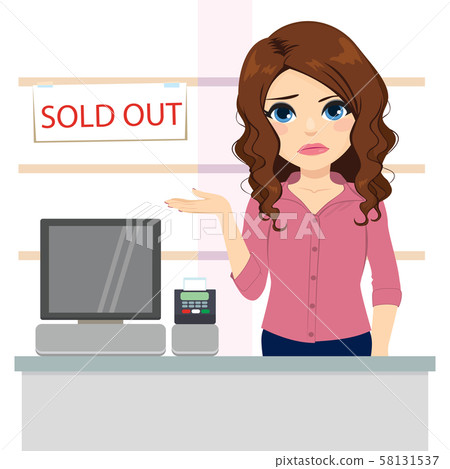 Sad young female clerk showing sold out banner... - Stock Illustration ...