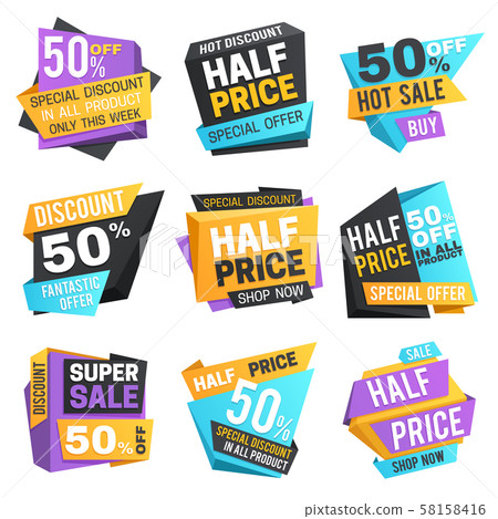 Half price labels. Super 50 off discount sale... - Stock Illustration ...